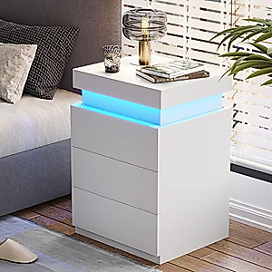 ADORNEVE Nightstand with Charging Station and LED Lights,Night Stand with Sliding Top for Bedroom,Bedside Table with Drawers,Modern End Side Table,White