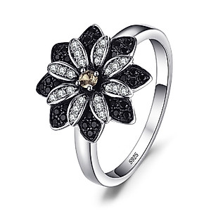JewelryPalace Daisy Flower Sunflower Genuine Natural Smoky Quartz Black Spinel Cocktail Rings for Women, 14K White Gold Plated 925 Sterling Silver Rings for Her, Natural Gemstone Jewelry Sets 6