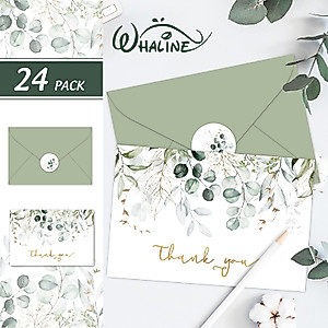 Whaline 24 Pack Greenery Thank You Cards Gold Foil Eucalyptus Leaves Thank You Note Cards with Envelopes Stickers for Spring Wedding Baby Shower