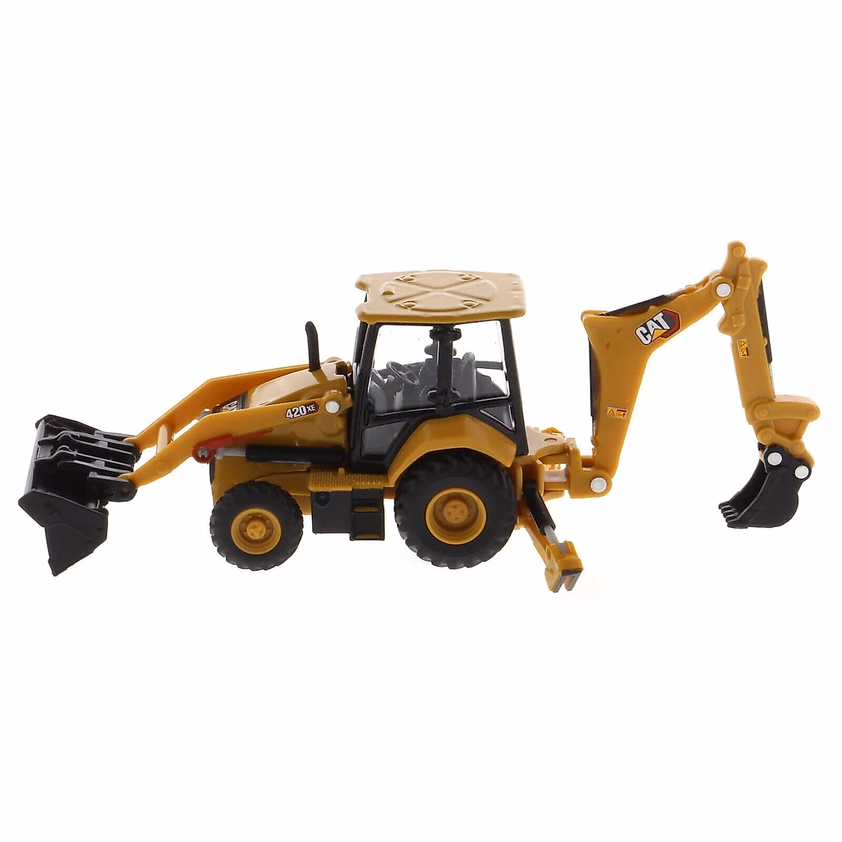 420 XE Backhoe Loader with Work Tools Yellow 1/64 Diecast Model by Diecast Masters 85765