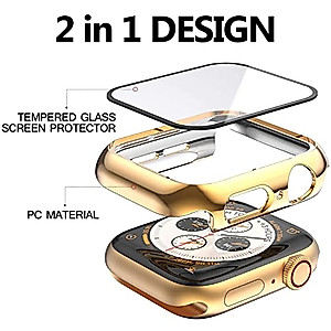 HANKN 2 Pack 45mm Tempered Glass Case Compatible with Apple Watch Series 9 8 7 45mm Tempered Glass Screen Protector Case, Plated Hard PC Cover Shockproof Iwatch Bumper (45mm, Gold+Gold)