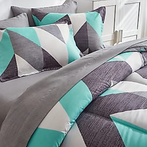 Comforter Sheet Set 7 Pieces Geometry Colorful White Gray Teal Blue Bedding Set (1 Comforter 2 Pillow Shams 1 Flat Sheet 1 Fitted Sheet 2 Pillowcases)