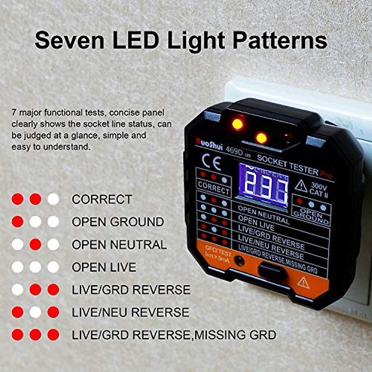 Ruoshui Outlet Tester 48-250V, GFCI Tester CAT II 300V, Receptacle Tester with Voltage Display, Standard US Electrical Socket Tester with 7 Visual Indications for Home & Professional Use…