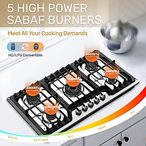 TOPWISH 36" Built-in Gas Cooktop, 5 ITALY SABAF Sealed Burners Gas Rangetop 41,800BTU, NG/LPG Convertible, Stainless Steel Burner Gas Stovetop with Thermocouple Protection,120V AC. (36 inch)