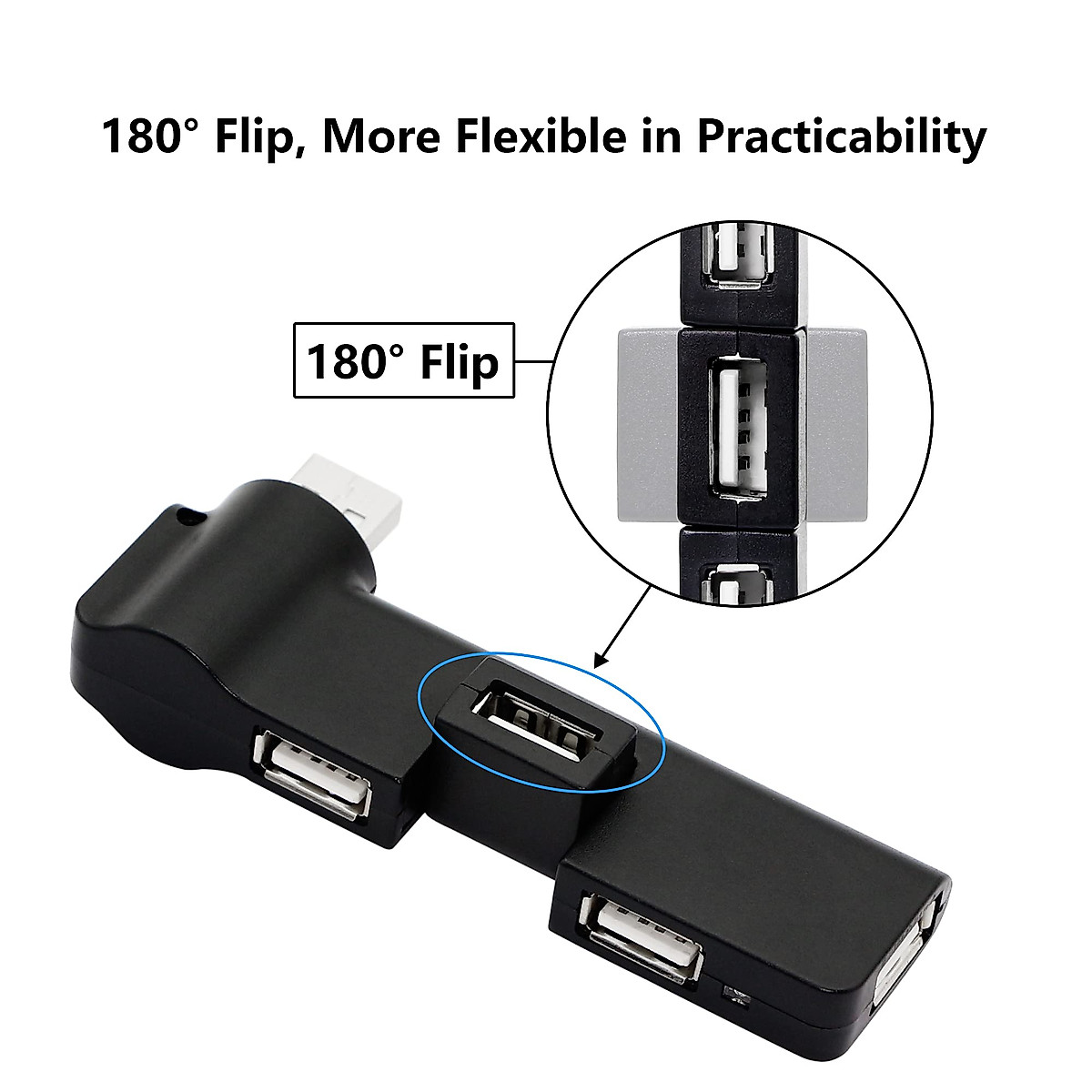 RIIEYOCA 4 Port USB 2.0 Hub, 90°/180° Degree rotatable USB Expansion allocator, for PC, Laptop, Keyboard, Mouse, Hard Drives and Other USB 2.0 Adapter(Black)