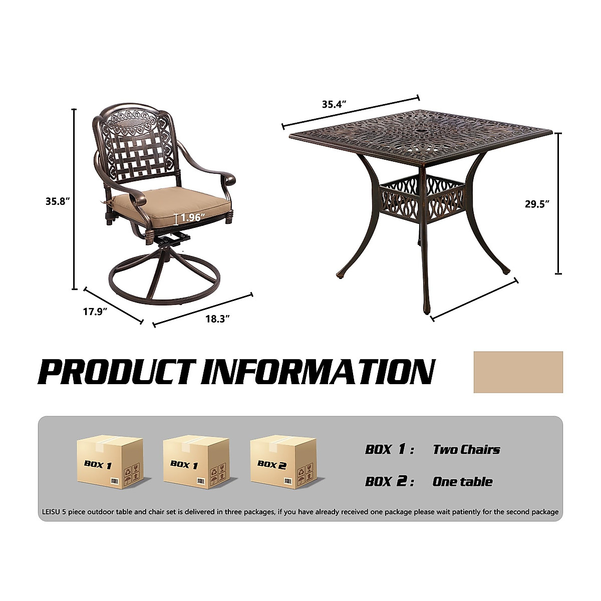 USSerenaY 5-Piece Outdoor Dining Set Cast Aluminum Patio Furniture Set All-Weather 4 Chairs and Dining Table with Umbrella Hole for Garden, Backyard (Braided+Khaki Cushion, Square Table)