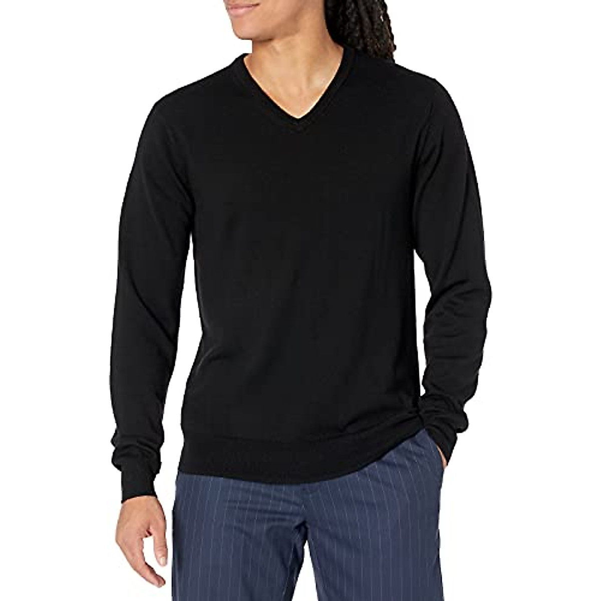 Goodthreads Men's Lightweight Merino Wool V-Neck Jumper (Available in Tall), Black, Large