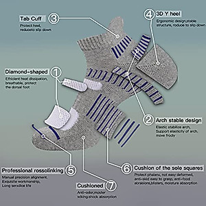 COOPLUS Mens Cotton Athletic Ankle Socks Performance Cushioned Breathable Low Cut Tab Sock with Arch Support (6 Pairs) (Grey-Blue-6pairs)