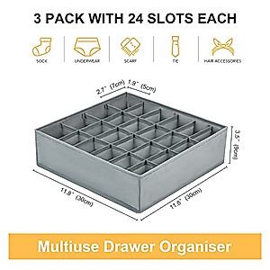 DIMJ Sock Drawer Organizers, Underwear Organizers with 72-Cell, Dresser Drawer Organizers for Clothing, Closet Organizers and Storage Boxes for Socks, Ties, Belts, 3 Packs (Grey)