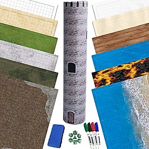 RPG Battle Game Mat - 6 Pack Dry Erase Double Sided 36 x 24 (12 Terrains) + 4 Dry Erase Markers + 1 Eraser + 7pc Polyhedral Dice Set - Large Table Top Role Playing Map for Starters and Mastersâ€¦