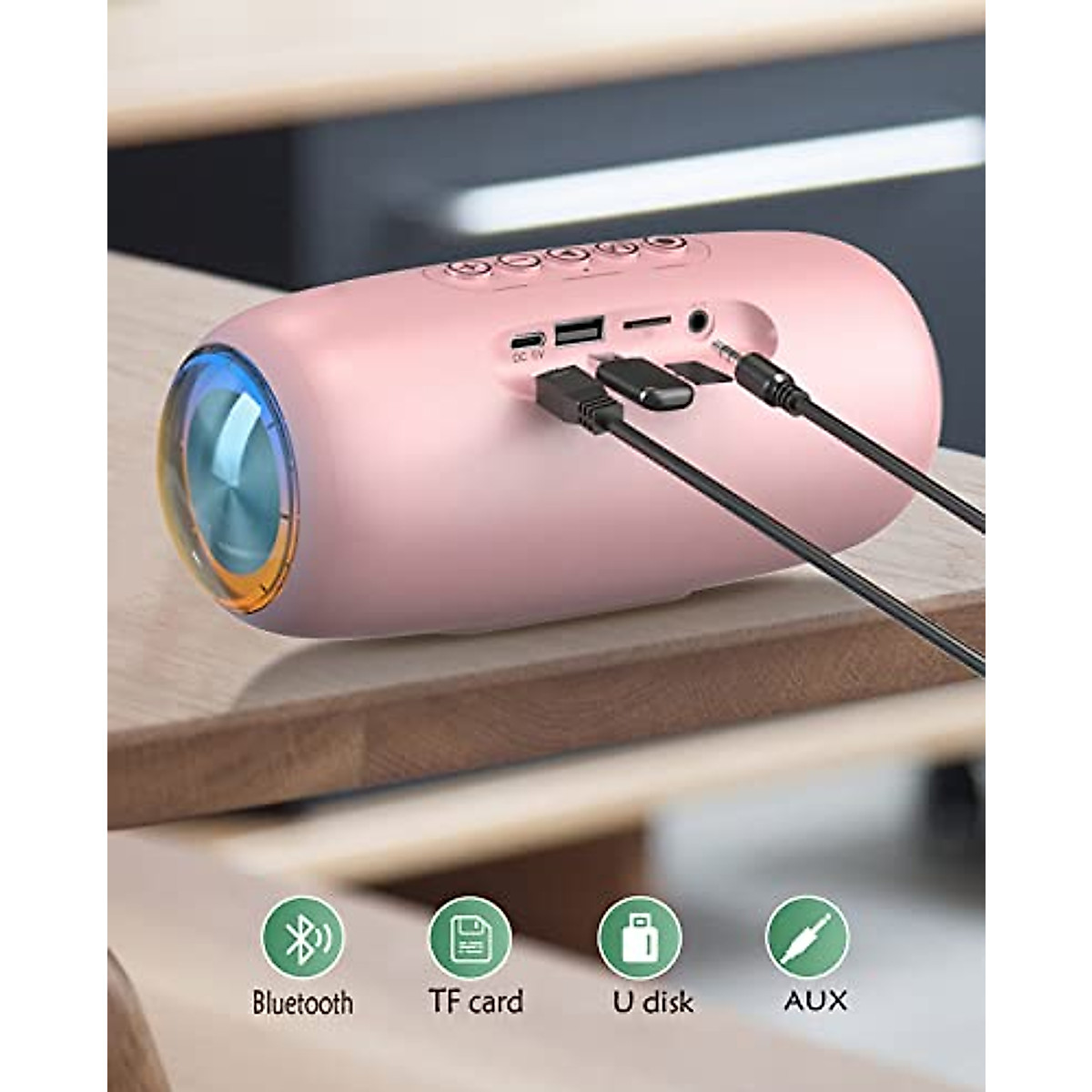 BMFHJEQ Portable Wireless Bluetooth Speaker Colorful LED Audio Outdoor Mini Speaker Support TF Card Super Long Battery Life (Black)