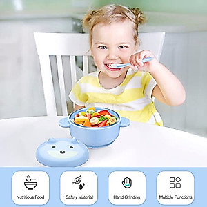 MAISON HUIS Baby Bowls with Suction for Toddlers, Silicone Bowls and Spoon Set for Babies Glass Bowl with Lid BPA Free Baby Led Weaning Supplies and Kids First Stage Feeding(Blue)