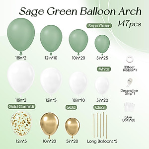 147pcs Sage Green Balloon Arch Kit, Sage Green and Gold White Balloons for Wedding Engagement Anniversary Bridal Shower Baby Shower Birthday Party Decorations