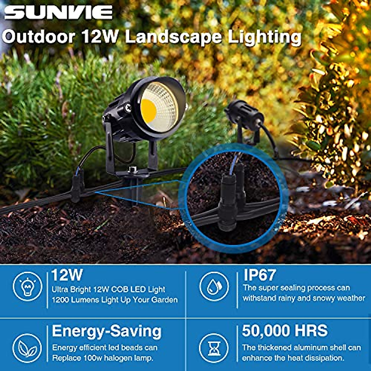 SUNVIE 12W LED Low Voltage Landscape Lights, Outdoor 12V 3000K Warm White (900LM) Waterproof Garden Pathway Lights Wall Tree Flag Spotlights with Spike Stand, 2 Pack with Connector