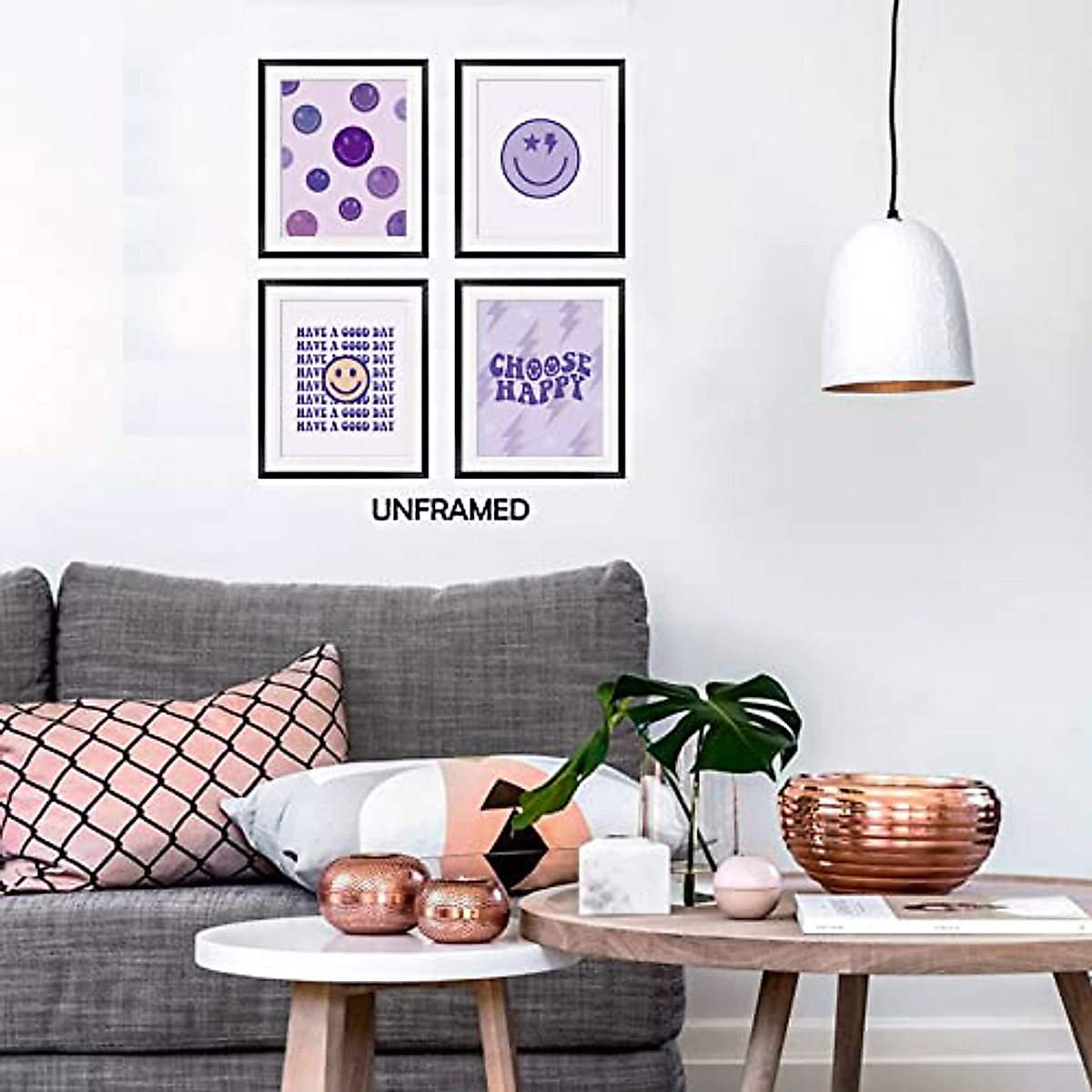 OGILRE Purple Smiley Face Inspirational Quotes Choose Happy Wall Art Decorations Prints, Lightning Boho Poster, 8x10 Inch 4 Set Unframed