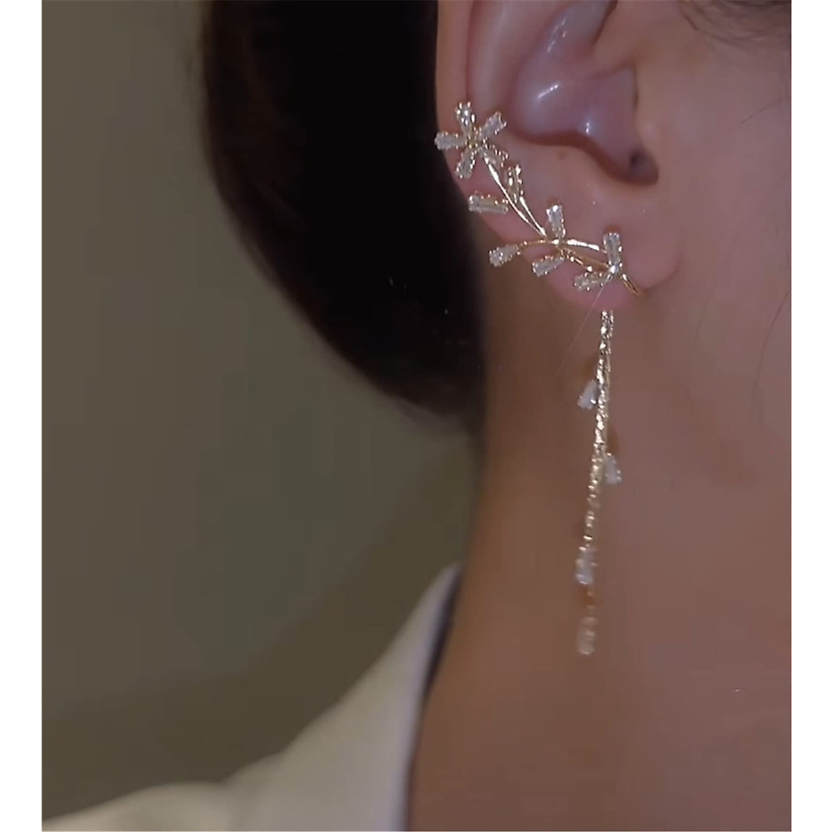 Zircon Leaf Tassel Ear Cuff Clip - Shiny Zircon Flower Tassel Ear Clip, Fashion Water Drop Metal Earrings, No Piercing Wrap Jewelry Earring for Women(1 Pair)