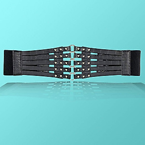 Fashion Women's PU Leather Wide Waist Belt Hollow Out Rivets Stretch Cinch Waistband