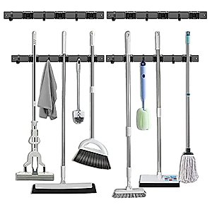2 Pack 16'' Broom and Mop Holder Wall Mount with Movable Sliding 3 Racks 3 Hooks, Storage Organizer Wall Hanger, Cleaning Tool Hanging Grippers for Kitchen Bathroom Garden Garage Laundry Home Closet