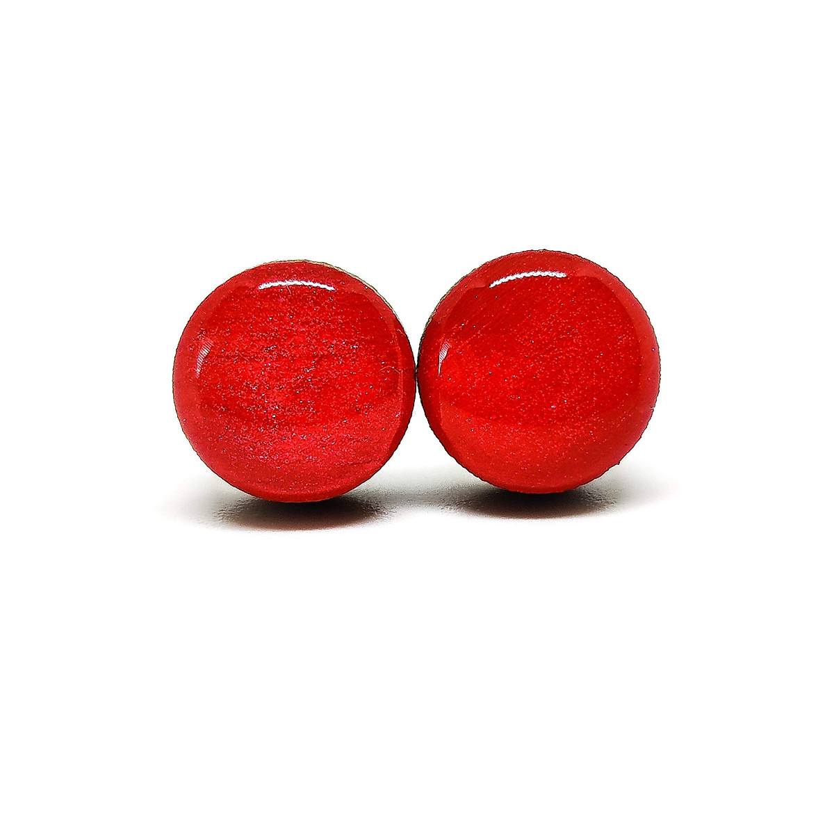 Stud Earrings, Shimmer, 10 mm, Handmade, Stainless Steel Posts for Sensitive Ears Stud for Women Men Girls (Scarlet Red Shimmer)
