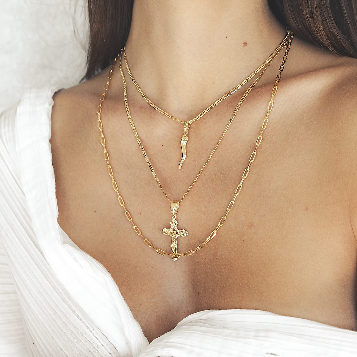 Barzel 18K Gold Plated Flat Marina Chain With Italian Horn Necklace Cornicello - Made In Brazil (20 Inches)