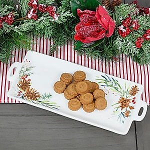 AuldHome Christmas Greenery Ceramic Platter; Long Rectangular Holiday Decorative Serving Tray