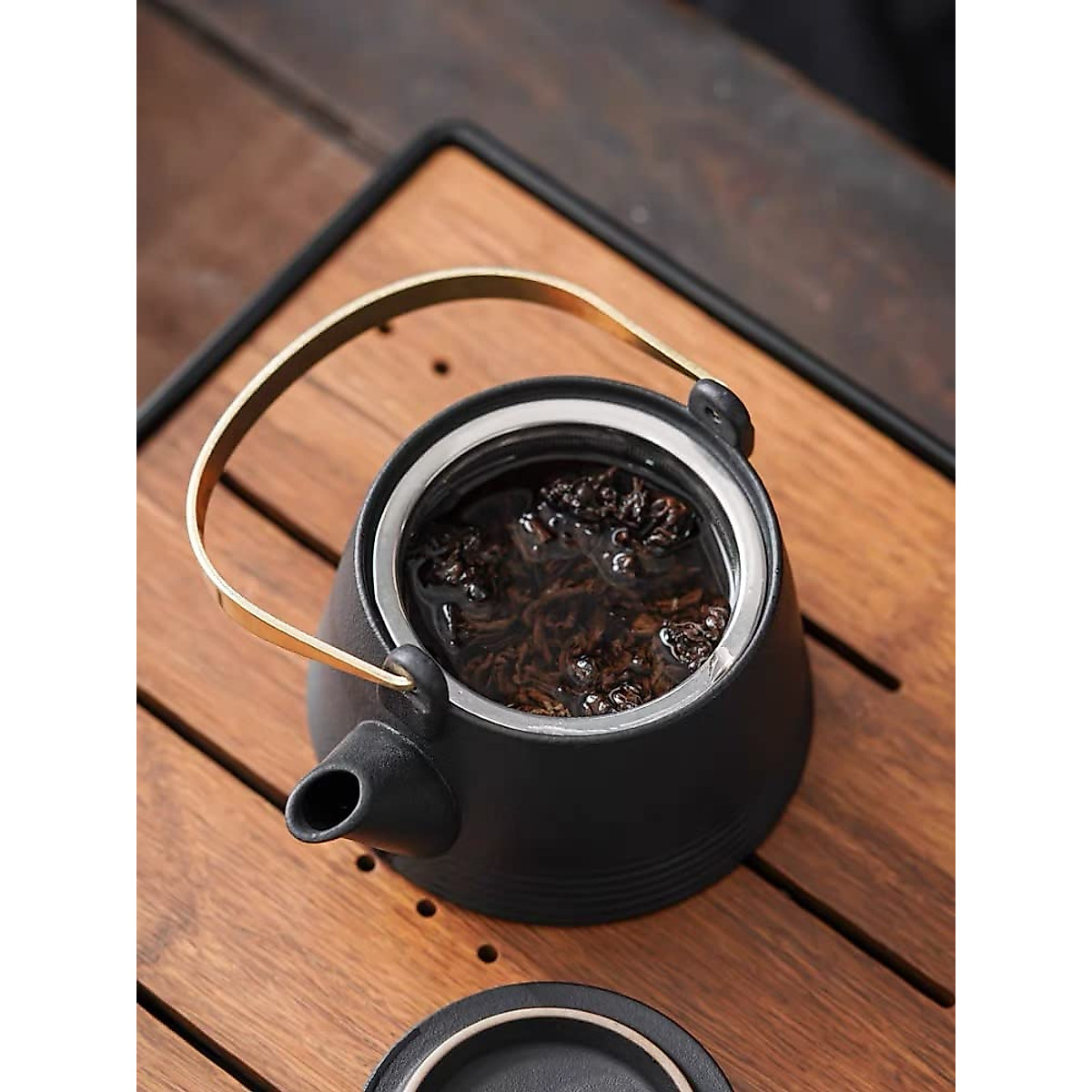 TRENDVEI Japanese Coarse Pottery Tea Set, Chinese Kungfu Loop-Handled Teapot with Infuser, 4 Cups and 1 Tea Tray