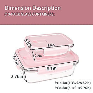 [10 Packs, 20 Pieces] Glass Food Storage Containers with Lids (Built in Vent), Airtight Meal Prep Containers, Glass Bento Boxes for Home Kitchen, BPA Free & Leak Proof (10 lids & 10 Containers) - Pink