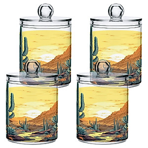 Msyxl 2 Pack Cactus Plants Apothecary Jars with Lid, Qtip Holder Storage Containers for Cotton Ball, Swabs, Pads, Clear Plastic Canisters for Bathroom Vanity Organization (10 Oz)