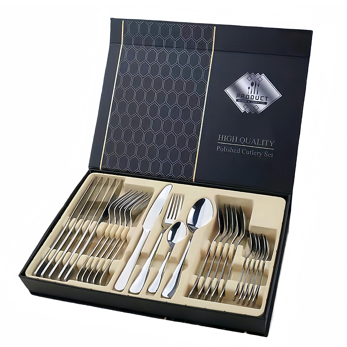 24-Piece Stainless Steel Cutlery Service for 6, Mirror Polished Tableware with Dinner Fork, Steak Knife, Dinner Spoon & Salad Spoon, Dishwasher Safe, Suitable for Dinner, Banquet, Parties