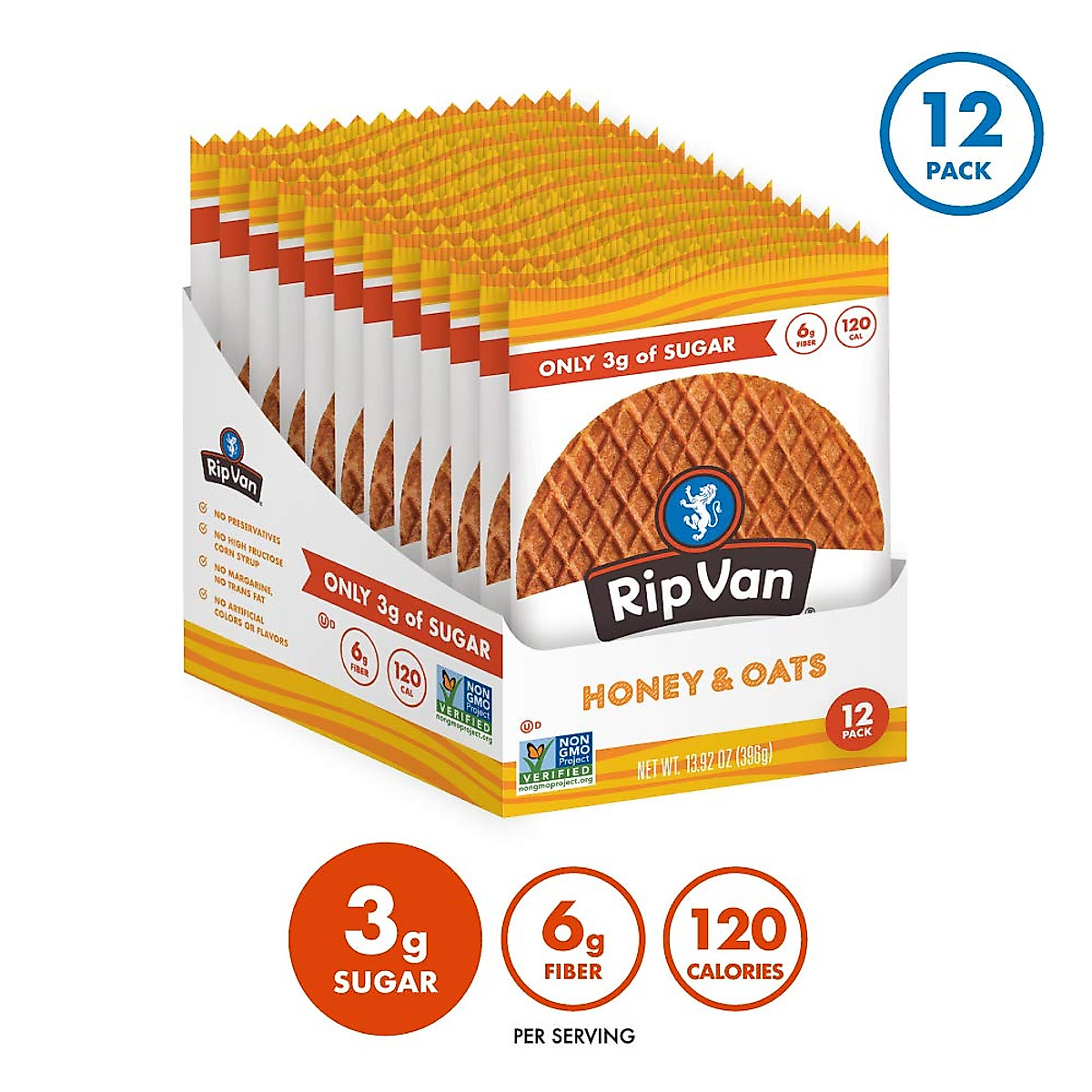 Rip Van Wafels Snack Wafels, Honey and Oats, Pack of 12, 13.92 Ounce