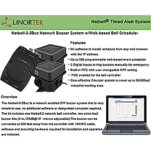 Linortek Netbell-2-2Buz TCP/IP Network Break Buzzer System with Two 4” Extra Loud Buzzers for Industrial Factory Warehouse Lunch Break Time Alert Signalling w/Web-Based Scheduling Software
