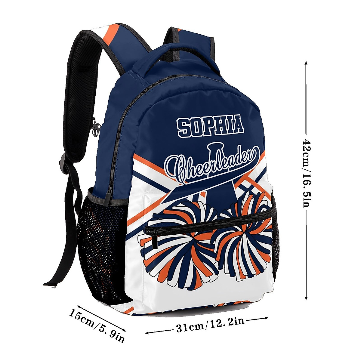 SunFancyCustom Custom Cheer Cheerleader Navy Blue Orange Personalized Causual Shoulder Bag Sports Leisure Camping Backpack for Women Men