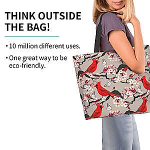 Famame Cardinal Birds Cherry Flowers Canvas Tote Bag Large Women Casual Shoulder Bag Handbag Reusable Multipurpose Shopping Grocery Bag For Outdoors