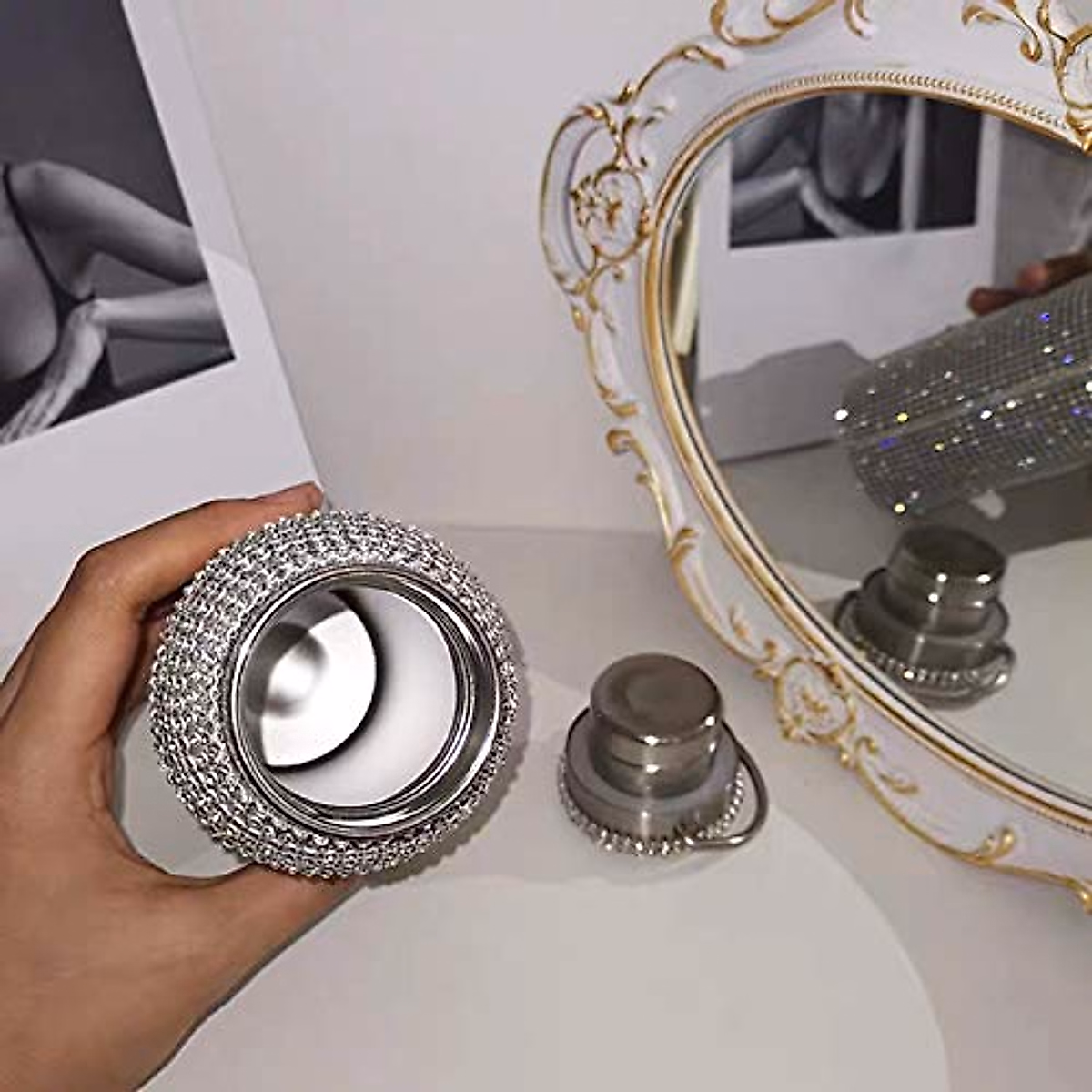 Portable Insulated Bottles - Dazzling Stylish Rhinestone Stainless Steel Water Bottle - Diamond Water Bottle - Fashion Double Walled Vacuum with Lid Water Bottle Silver 750ml