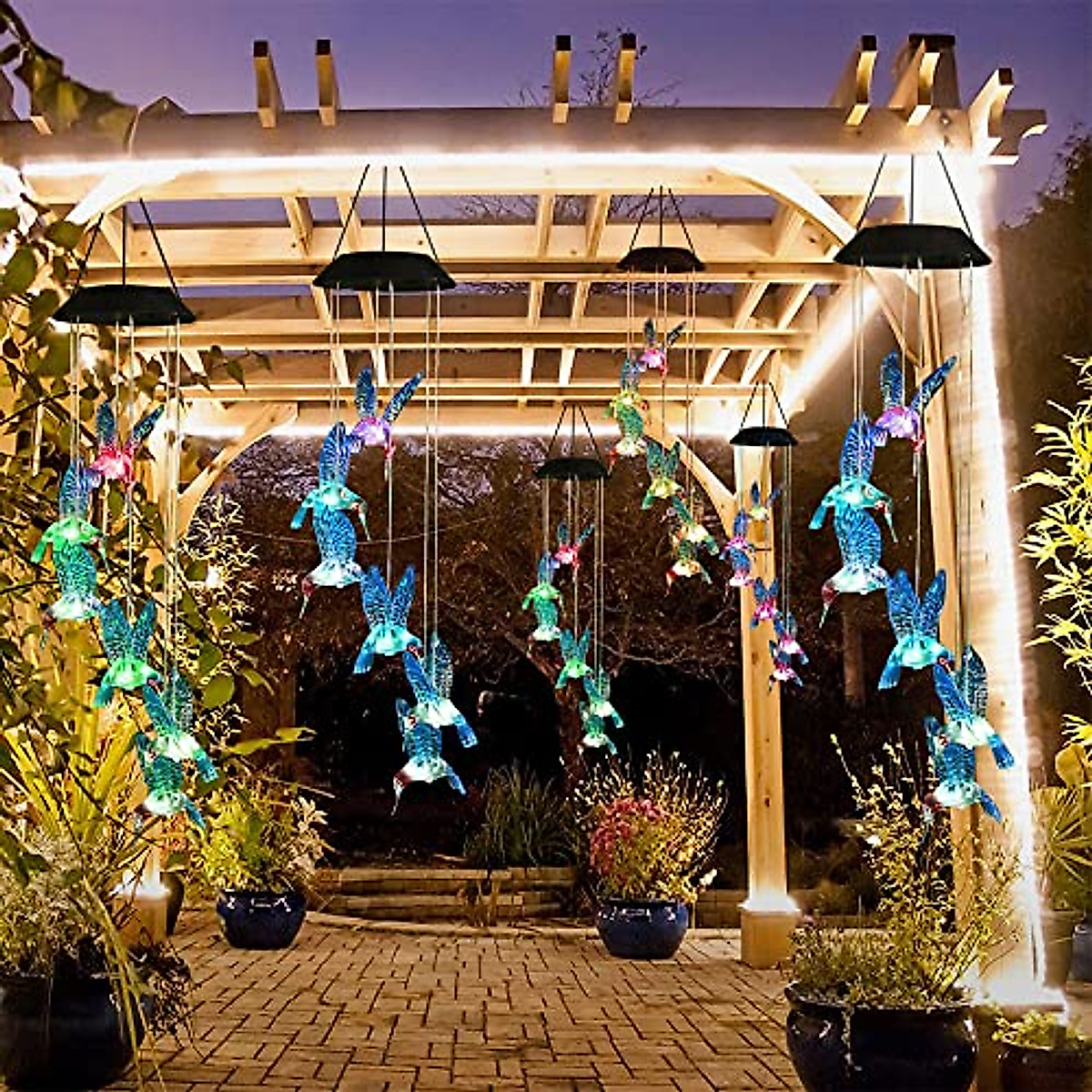 Chasgo Solar Hummingbird Wind Chime Color Changing Solar Mobile Wind Chime Outdoor Mobile Hanging Patio Light