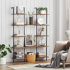 HOOBRO DIY Ladder Shelf, 6-Tier Wooden Wall Mounted Bookshelf, Narrow Bookcase, Display Shelf, Storage Rack, Plant Stand, for Living Room, Bedroom, Study, Balcony, Rustic Brown and Black BF651CJ01