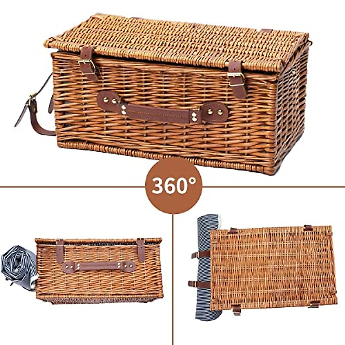 Picnic Baskets for 4 Persons Retro Classic Willow Hamper Set with Waterproof Blanket for Camping &Outdoor Party (Retro Style)