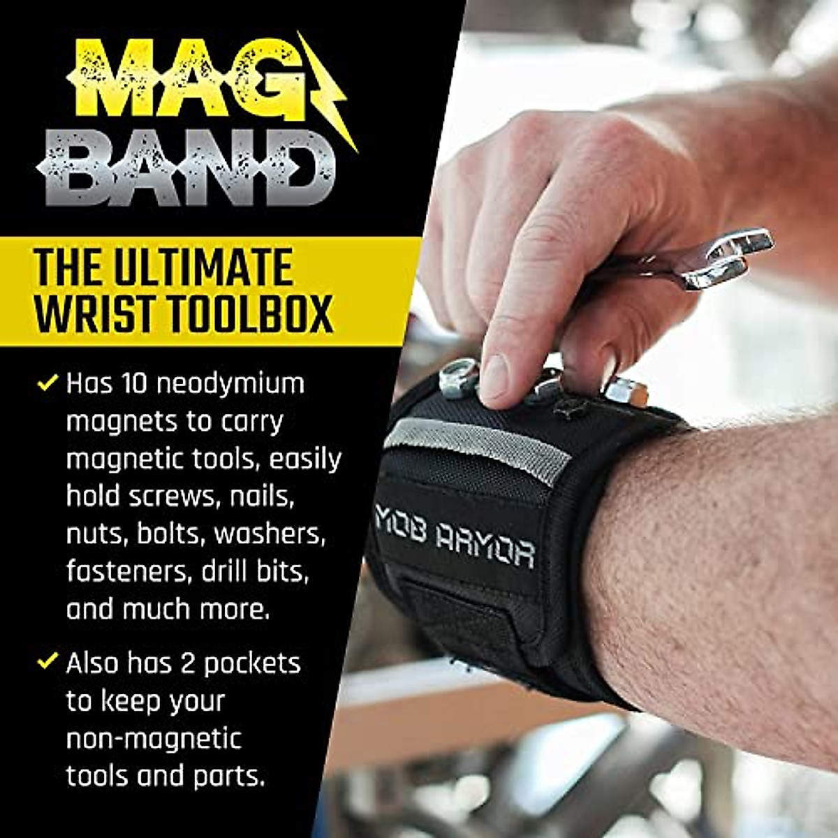 Mob Armor Mag Band Magnetic Wrist Tool Holder - Magnetic Wristband for Holding Screws, Nails, Fasteners, and More, Magnetic Wristband for Mechanic, Handyman, Electrician, Tech Geek, 13" x 3.25"