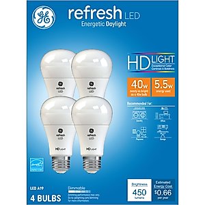 GE Refresh LED Light Bulbs, 40 Watt, Daylight, A19 (4 Pack)