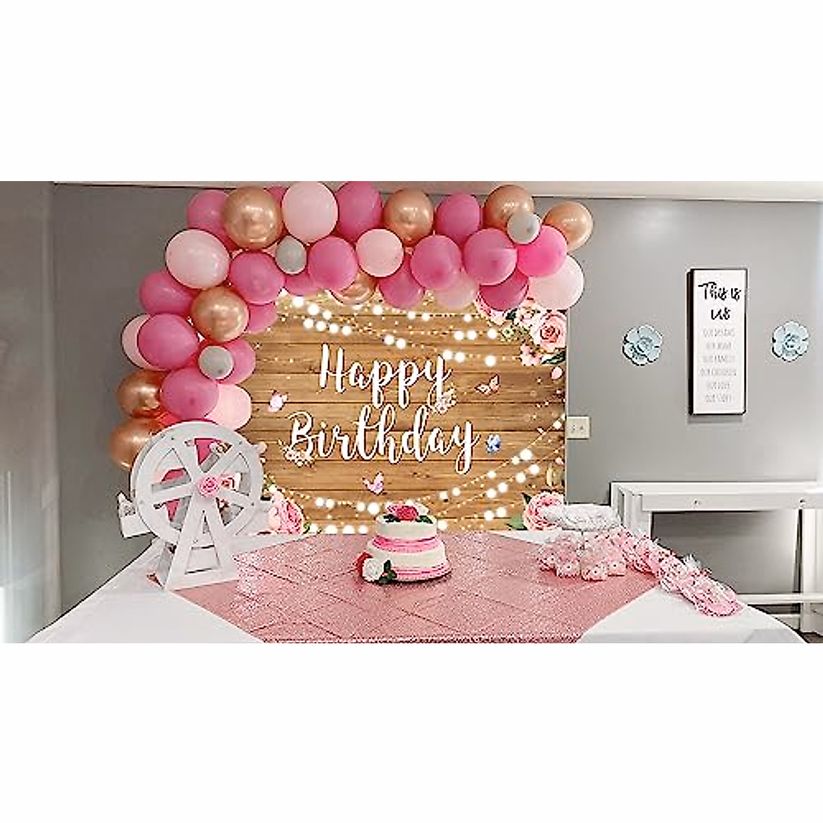 Pink Birthday Party Decorations,Butterfly Rustic Wood Flowers Happy Birthday Backdrop Banner Hot Pink Balloon Arch Garland Kit for Women Girl Birthday Party Supplies