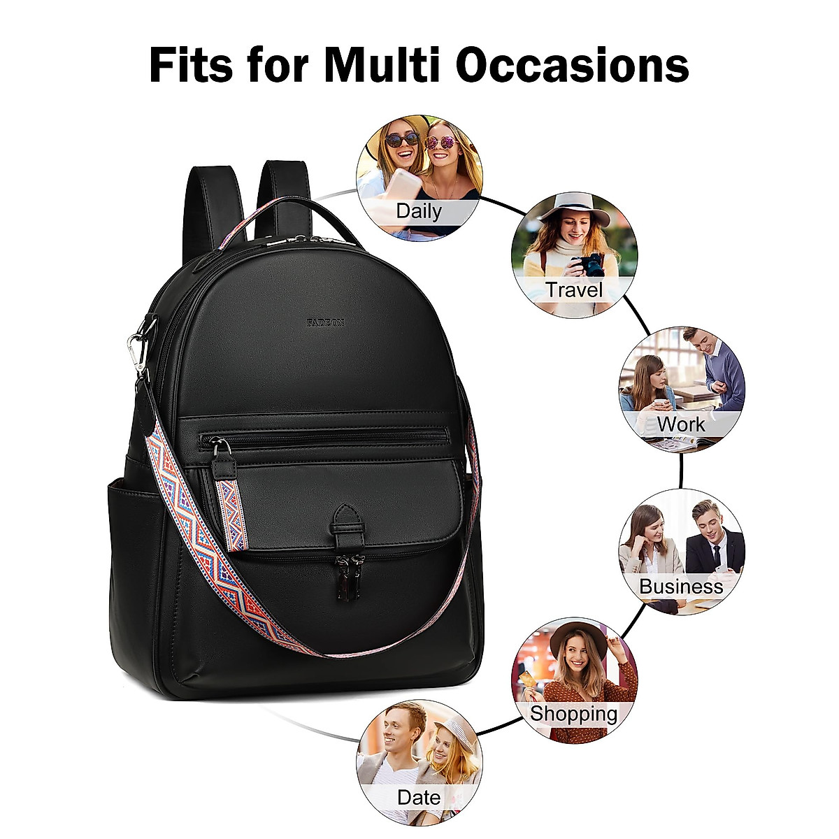 FADEON Leather Laptop Backpack for Women PU Computer Backpacks, Designer Travel Back Pack Purse with Laptop Compartment Black