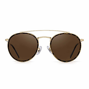 JIM HALO Small Polarized Round Sunglasses for Men, Women Vintage Double Bridge Frame (Gold Frame/Polarized Brown Lens)