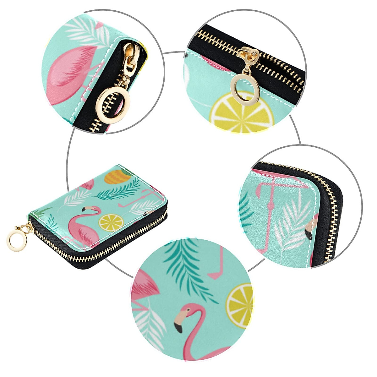 Seamless Pink Flamingos, Pineapples and Exotic Leaves on TurquoiseGrey Credit Card Coin wallet, RFID Blocking Compact Women Leather Card Holder, Key Change Organizer, Zipper Purse Clutch Pouch