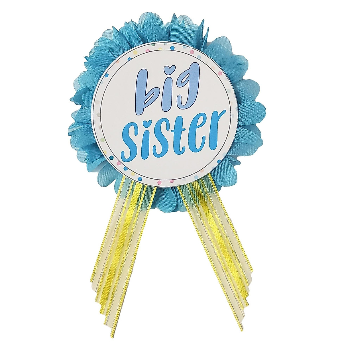 Big Sister Badge Pin Baby Shower Blue Chiffon flower & Yellow ribbons for the new sister to wear at Baby Shower, Baby Sprinkle