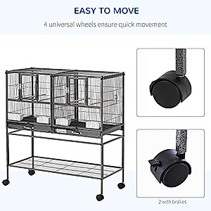 PawHut Divided Breeder Bird Cage with Rolling Stand Removable Metal Tray, Storage Shelf, Wood Perch, and Food Container
