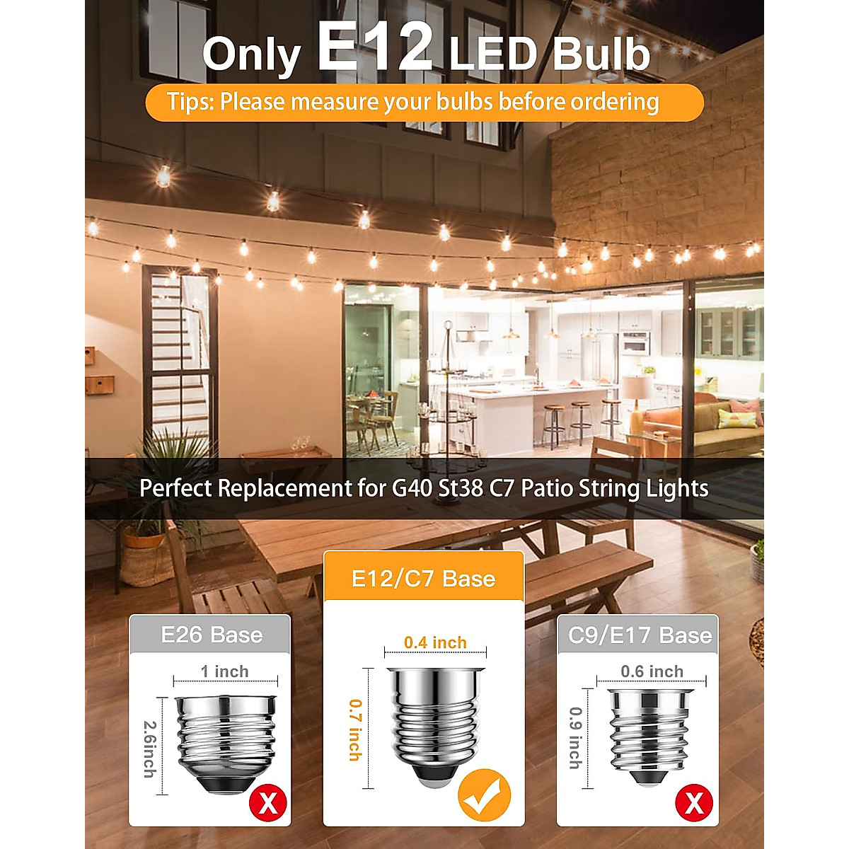 GLUROO LED String Light Bulbs, ST38 Shatterproof LED Replacement Bulbs for Outdoor String Lights Eidison Bulb fits E12 C7 Screw Base, 1Watt Equvanlent to 7Watt Incandescant Bulbs, Warm White, 25 Pack