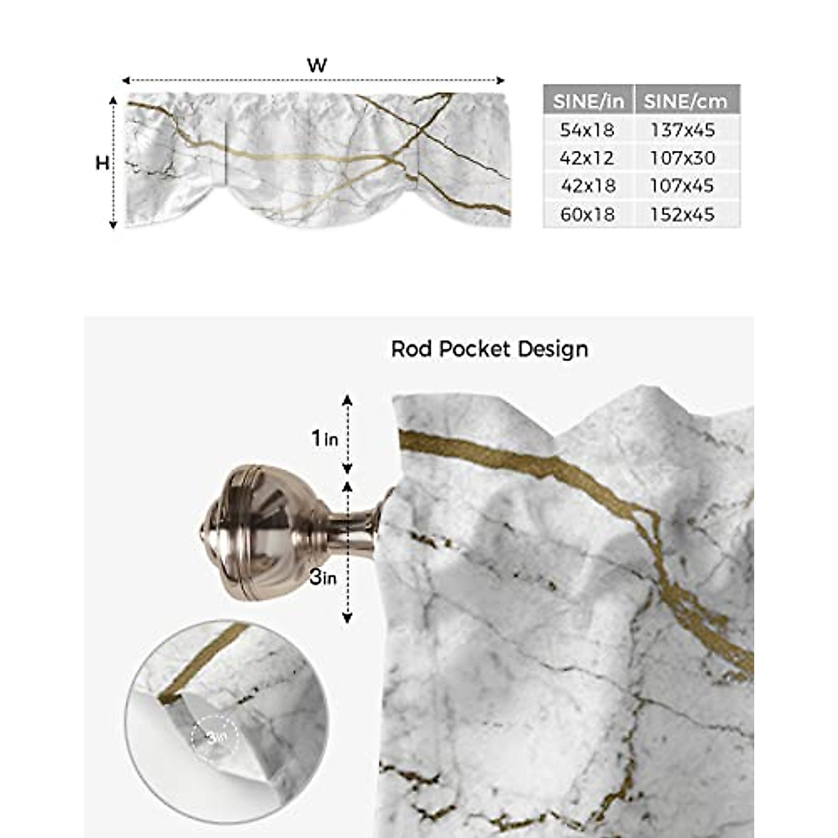 Tie Up Valance for Kitchen Windows,White Marble Gold Line Adjustable Valances Rod Pocket Short Curtain,Modern Abstract Pattern Art Tie Up Curtains Valance for Bedroom Living Room Bathroom 42x12in