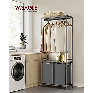 VASAGLE Laundry Basket, 2-Section Laundry Hamper with Pull-Out and Removable Liners, Clothes Rail, 2 x 12.1 Gallons, 28.7 x 13 x 69.7 Inches, Heather Greige and Slate Gray UBLH231G02