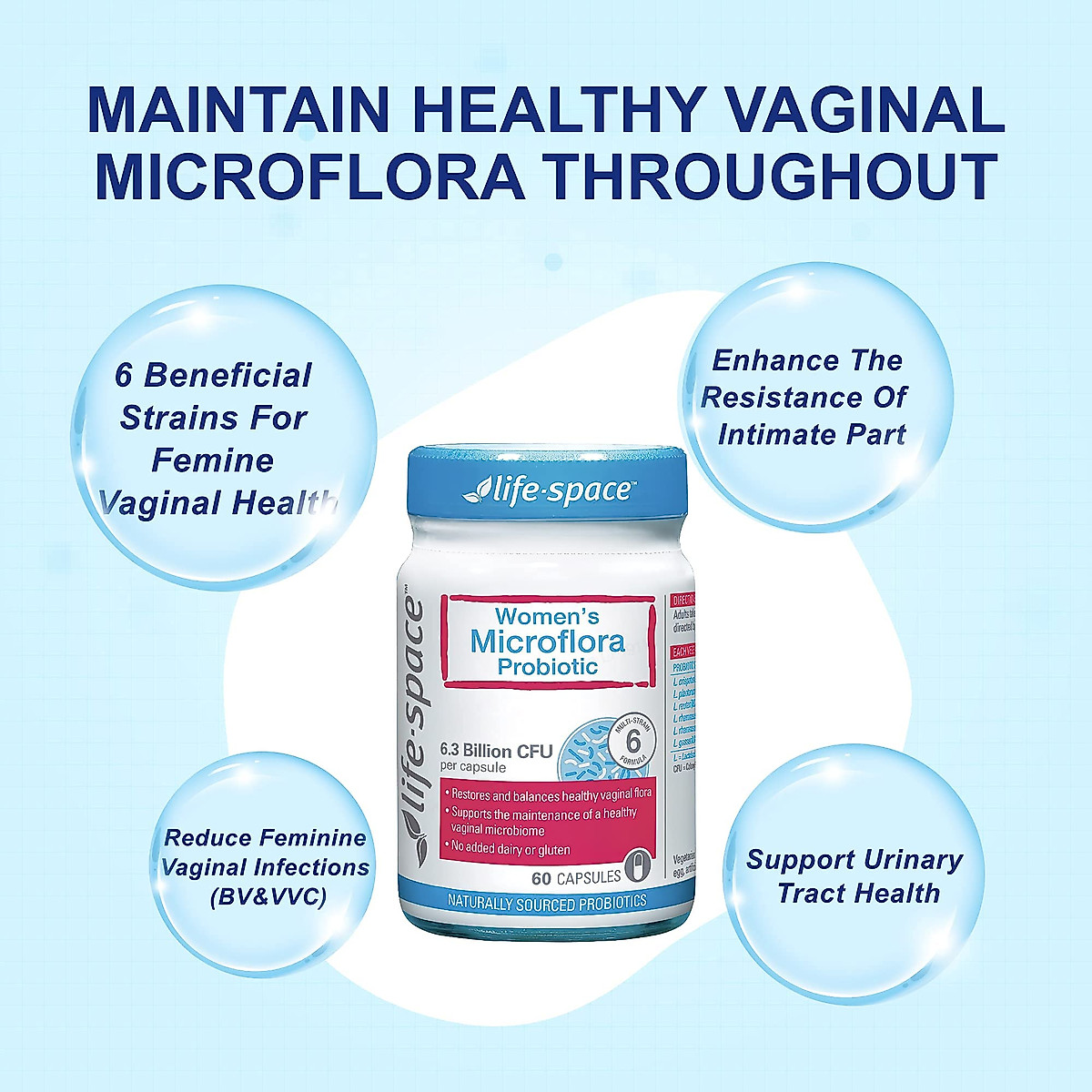 Life-Space Probiotic for Women, Support Healthy Vaginal Microflora & Comfort, BV & VVC Infection Treatment, Urinary Tract Health, Lactobacillus rhamnosus, 6.3 Billion CFU, Multi Strain - 60 Capsules