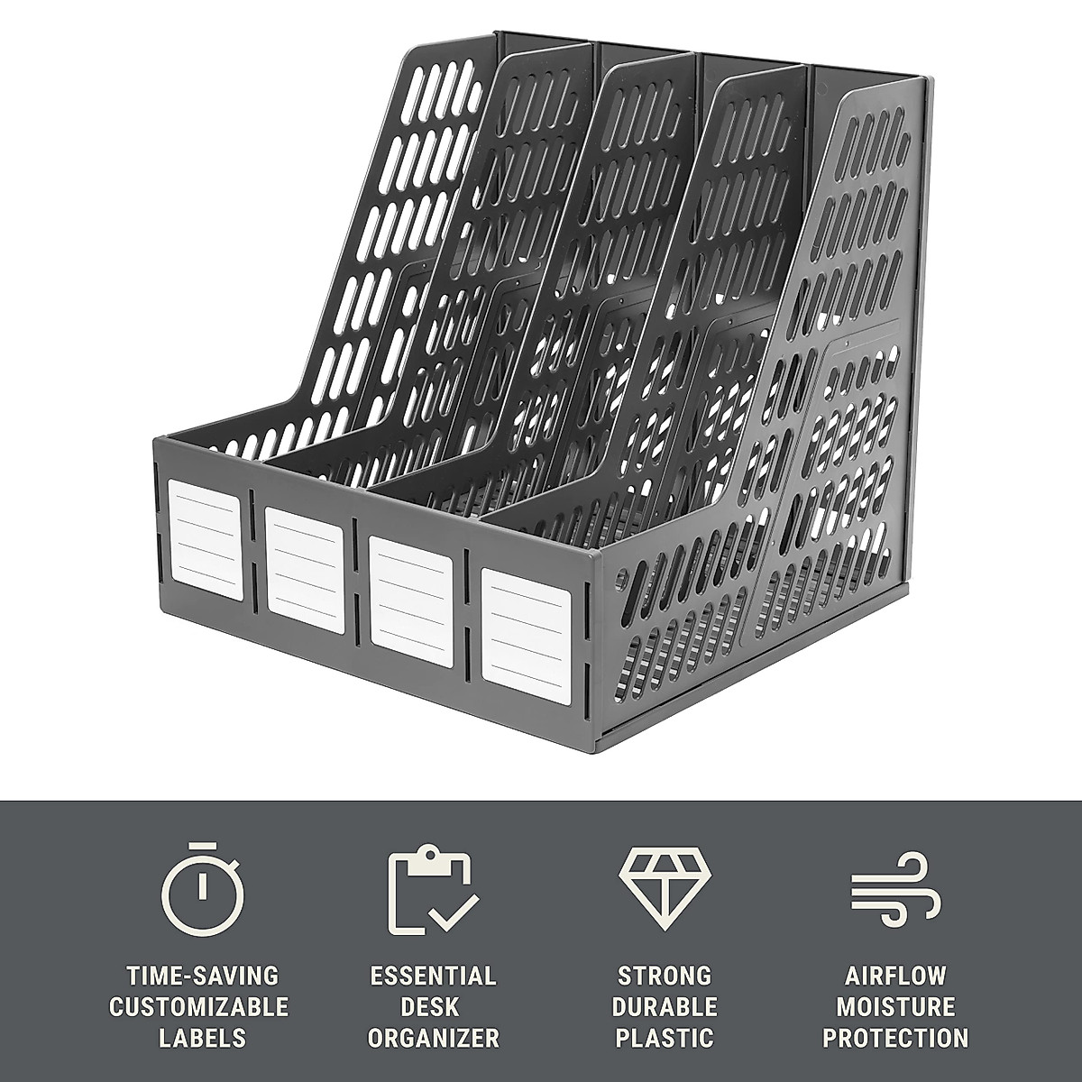 Alfion Collapsible Magazine Holder, 4 Vertical Slots | Modern Color Office Desk Organizer for File Storage (Charcoal Gray)